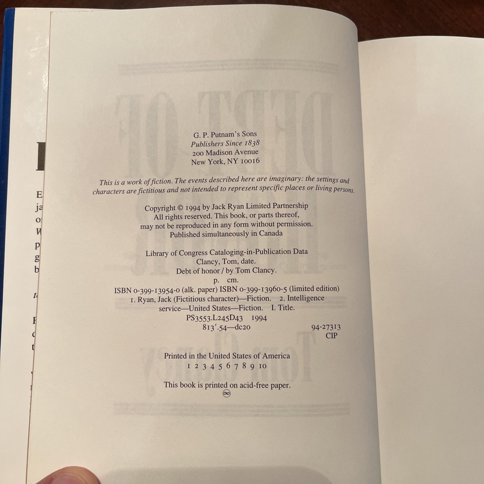 Debt of Honor by Tom Clancy (1994, Hardcover) DJ VG 9780399139543| eBay