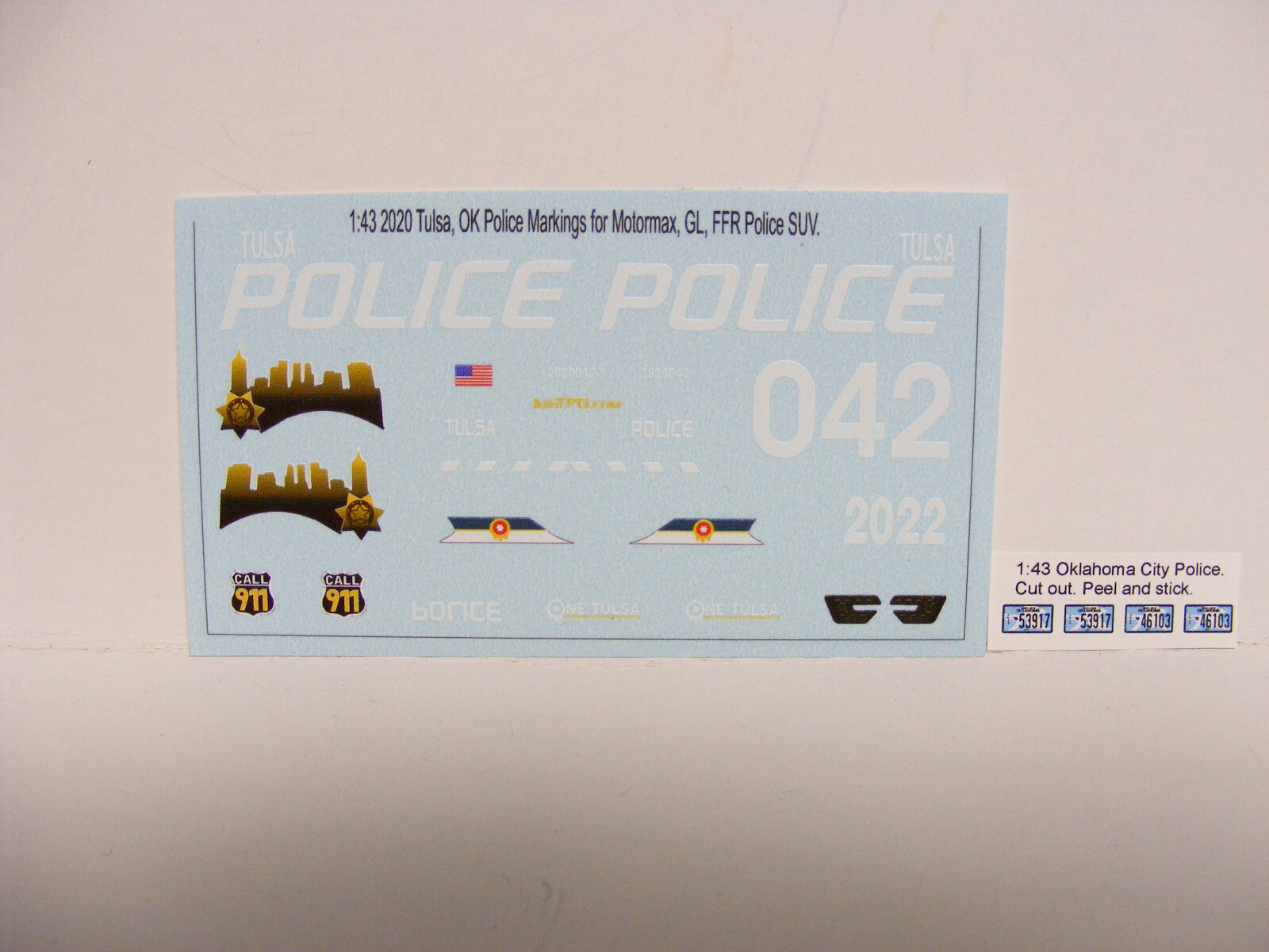 Tulsa OK Police 1:43 Water Slide Decal set Fits Motormax Police SUV New ...