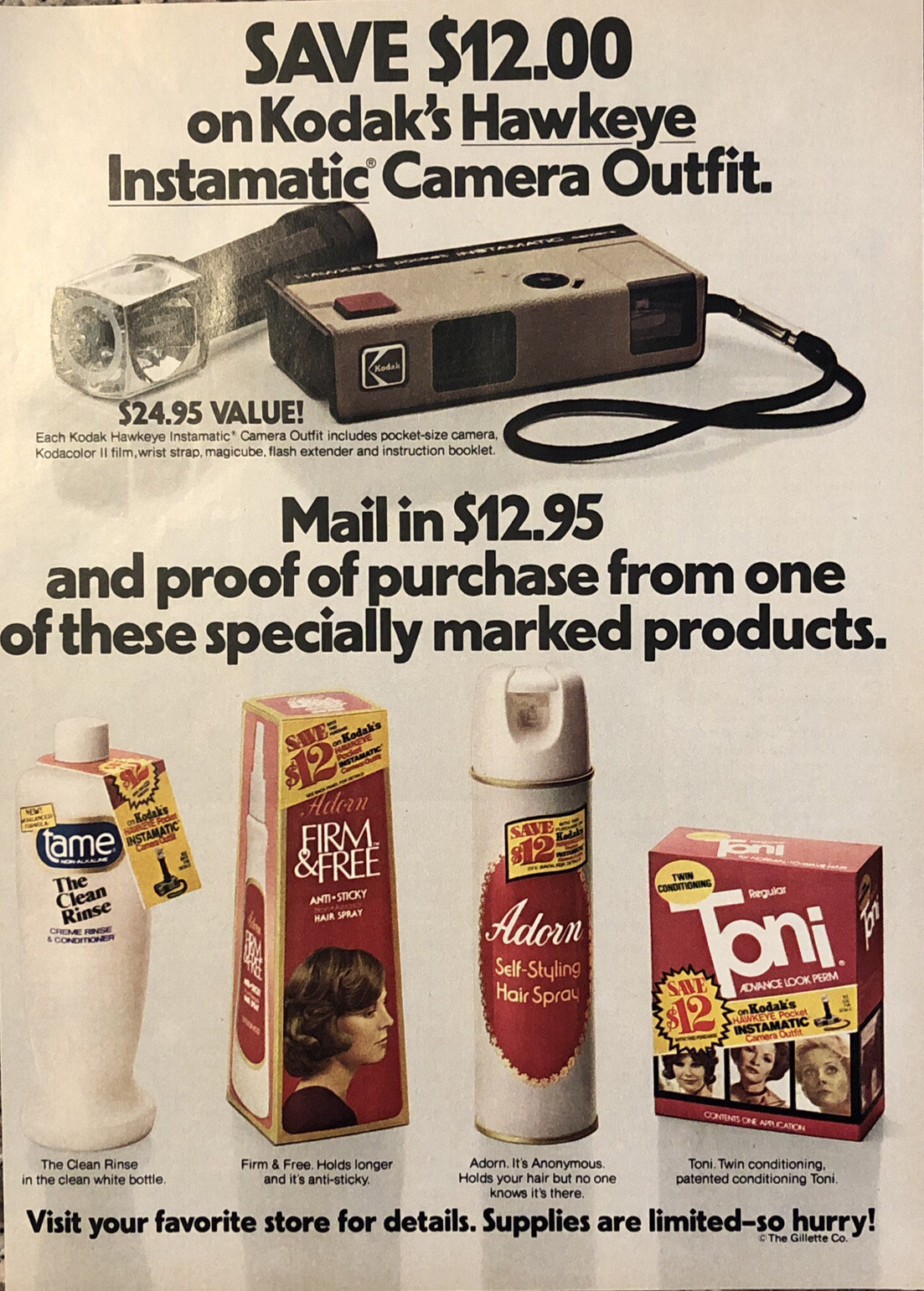 1976 Toni Perm Tame Shampoo Adorn Hairspray PRINT AD Kodak Hawkeye ...
