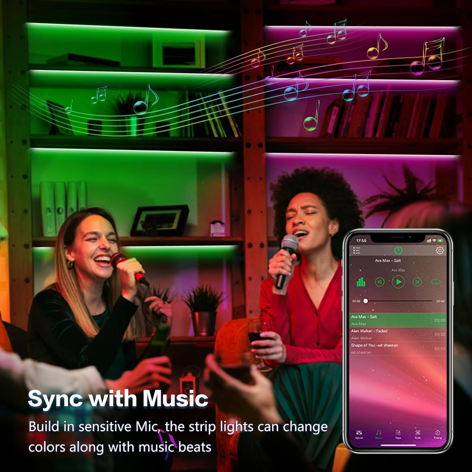 50Ft LED Strip Lights Led Lights for Bedroom Music Sync RGB Color ...