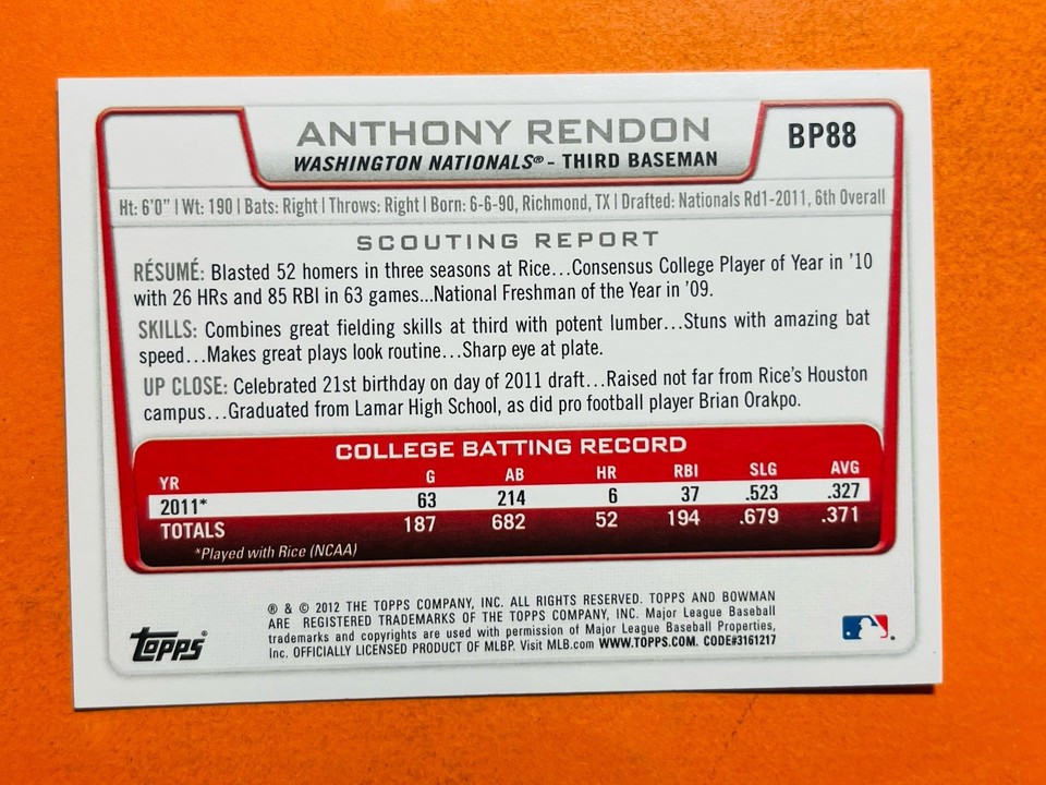 2012 Bowman Prospects 1st Anthony Rendon #BP88 Rookie Nationals RC | eBay