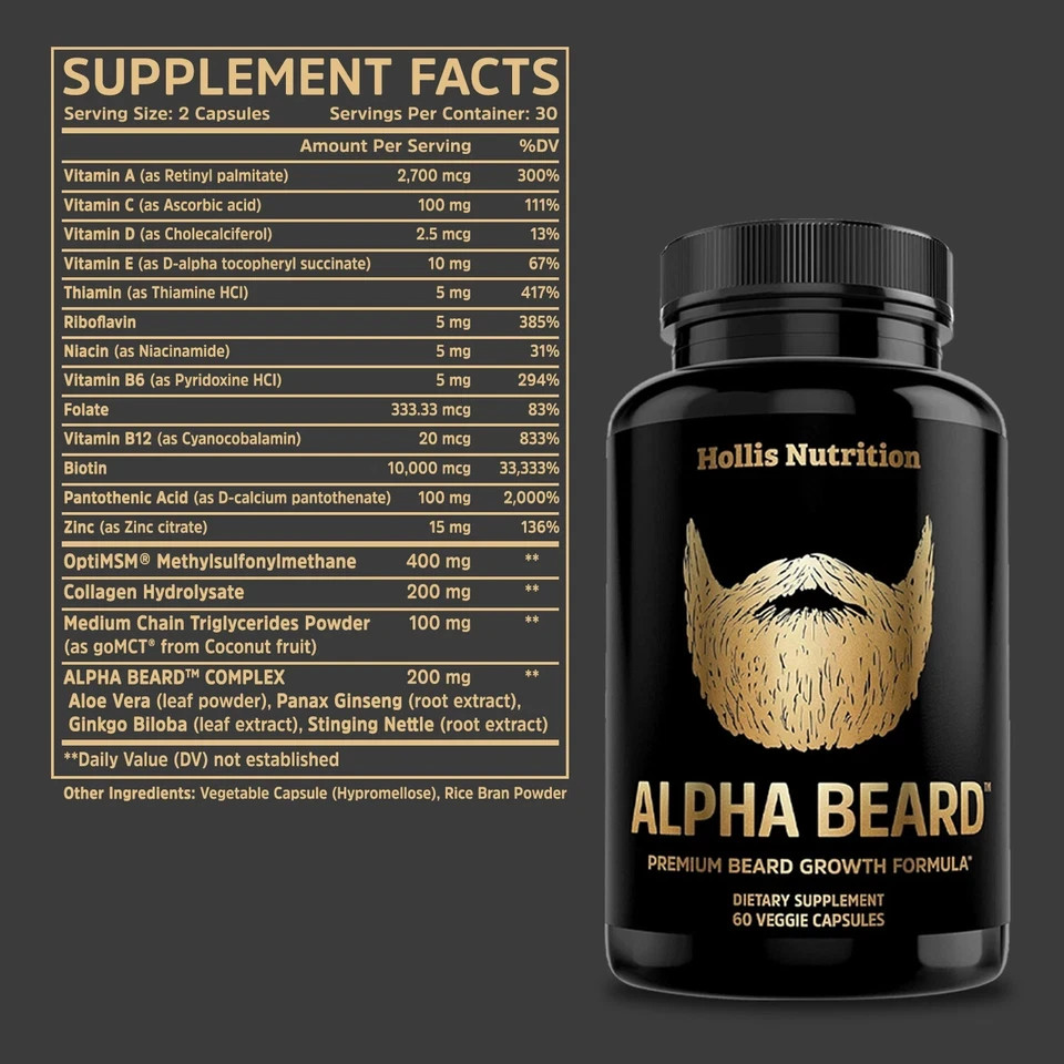 Hollis Nutrition Alpha Beard Growth Formula – Biotin Collagen OptiMSM ...