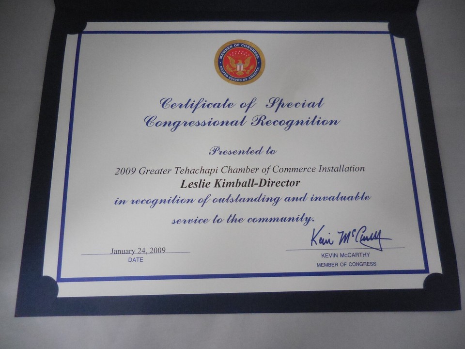 U.S. House of Representatives Certificate Of Recognition of Leslie Kimball 2009 | eBay