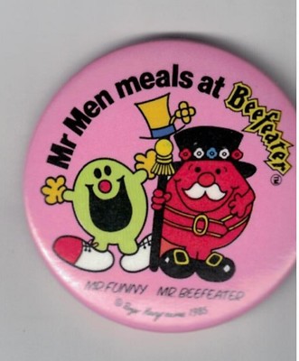 Vintage 1 3/4" Mr Men Meals Beefeater Promo Button NOS Pink | eBay