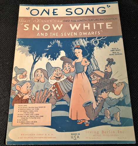 WALT DISNEY 1937 'ONE SONG" SHEET MUSIC 1937 SNOW WHITE BY IRVING ...