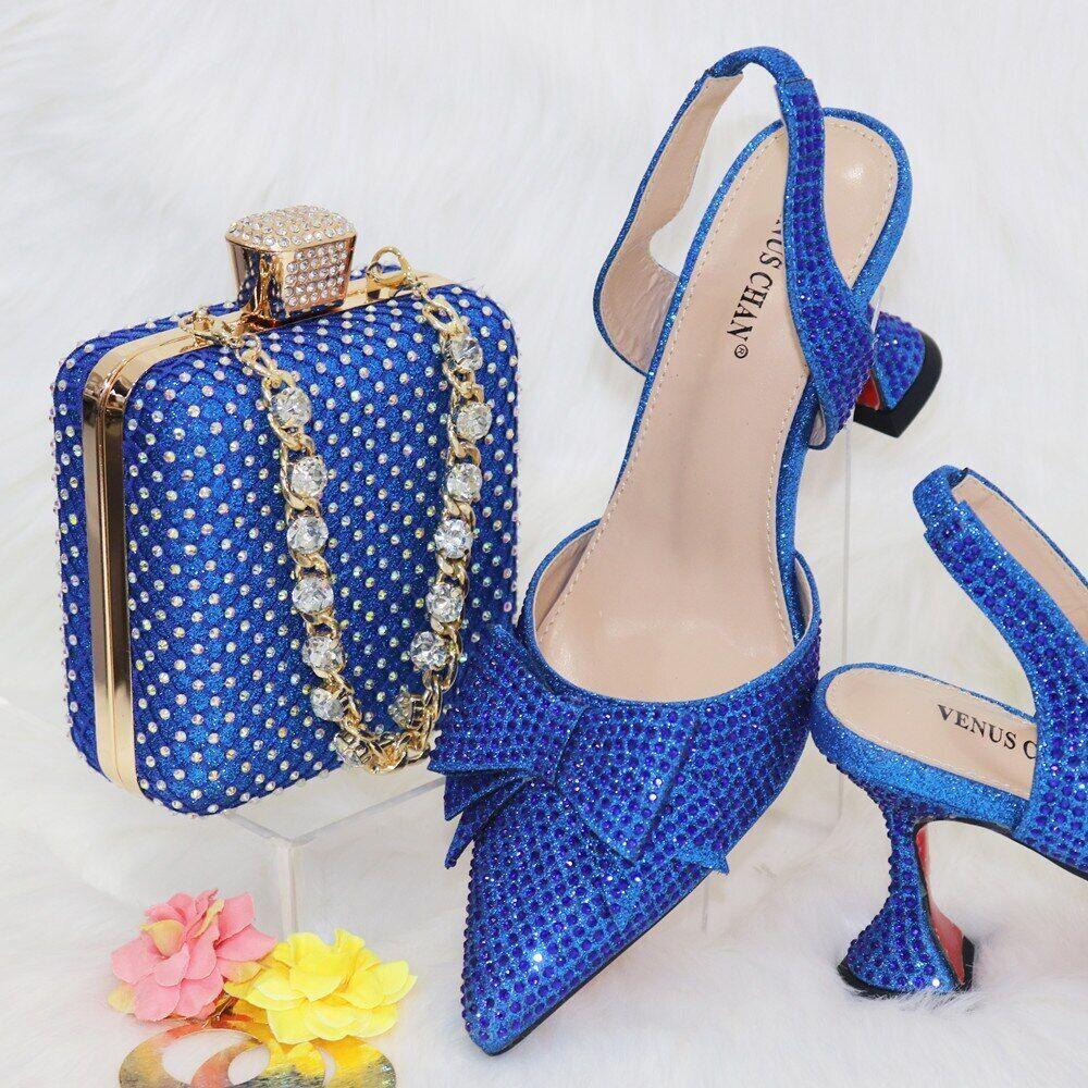 Womens Rhinestone Pointed Kitten Heel Sandals With Bag Set Party High ...