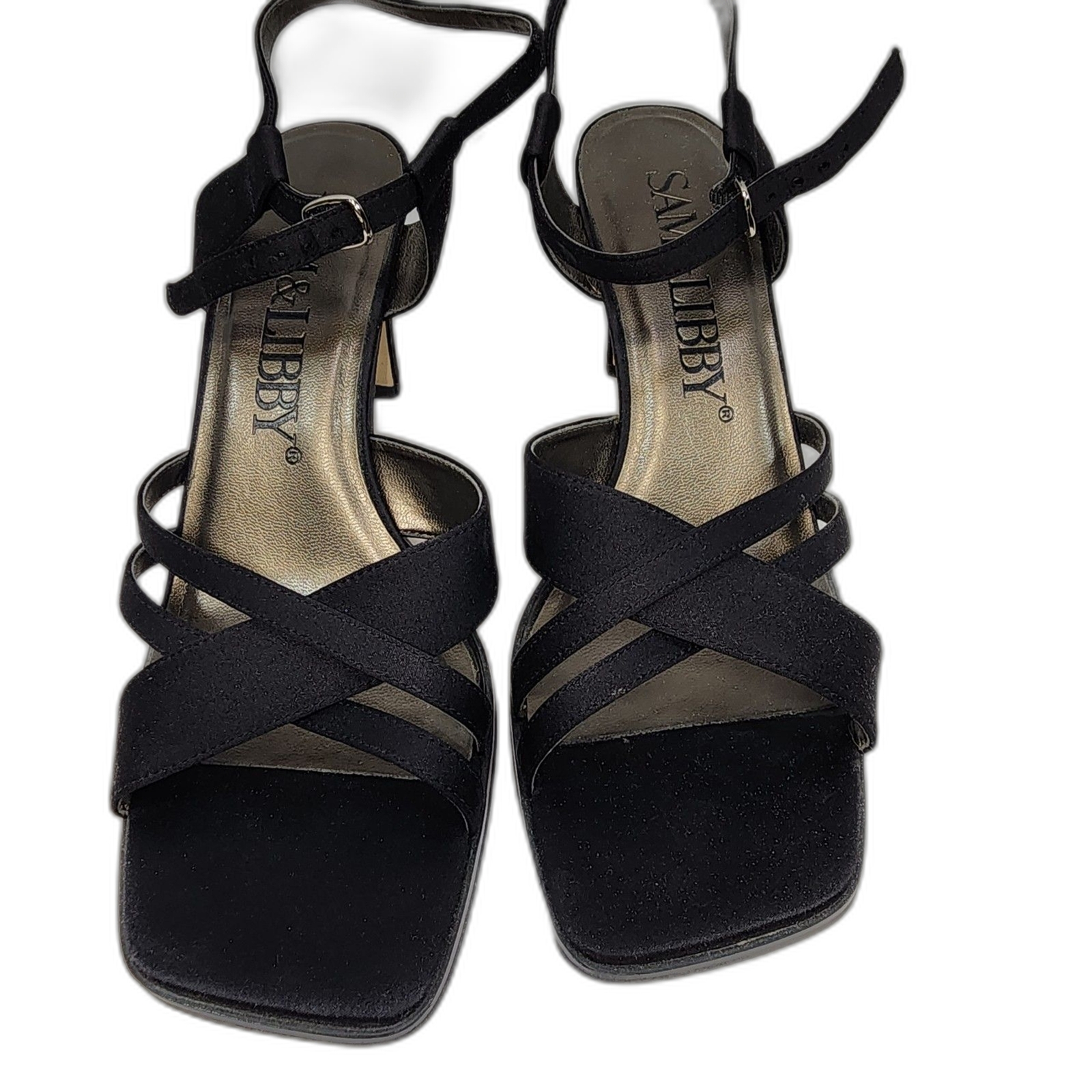 Sam & Libby Black Satin Strappy Heels Size 8M - Gem