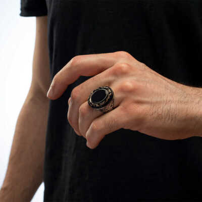 Real 925 Two Tone Sterling Silver Men's Ring with Oval Black Onyx Stone ...