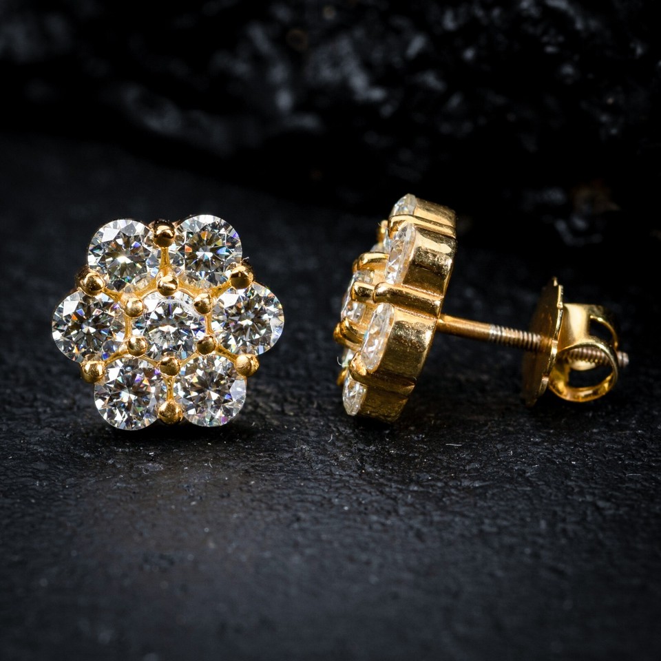 Iced Cz Large Yellow Gold Sterling Silver Flower Cluster Hip Hop Stud ...