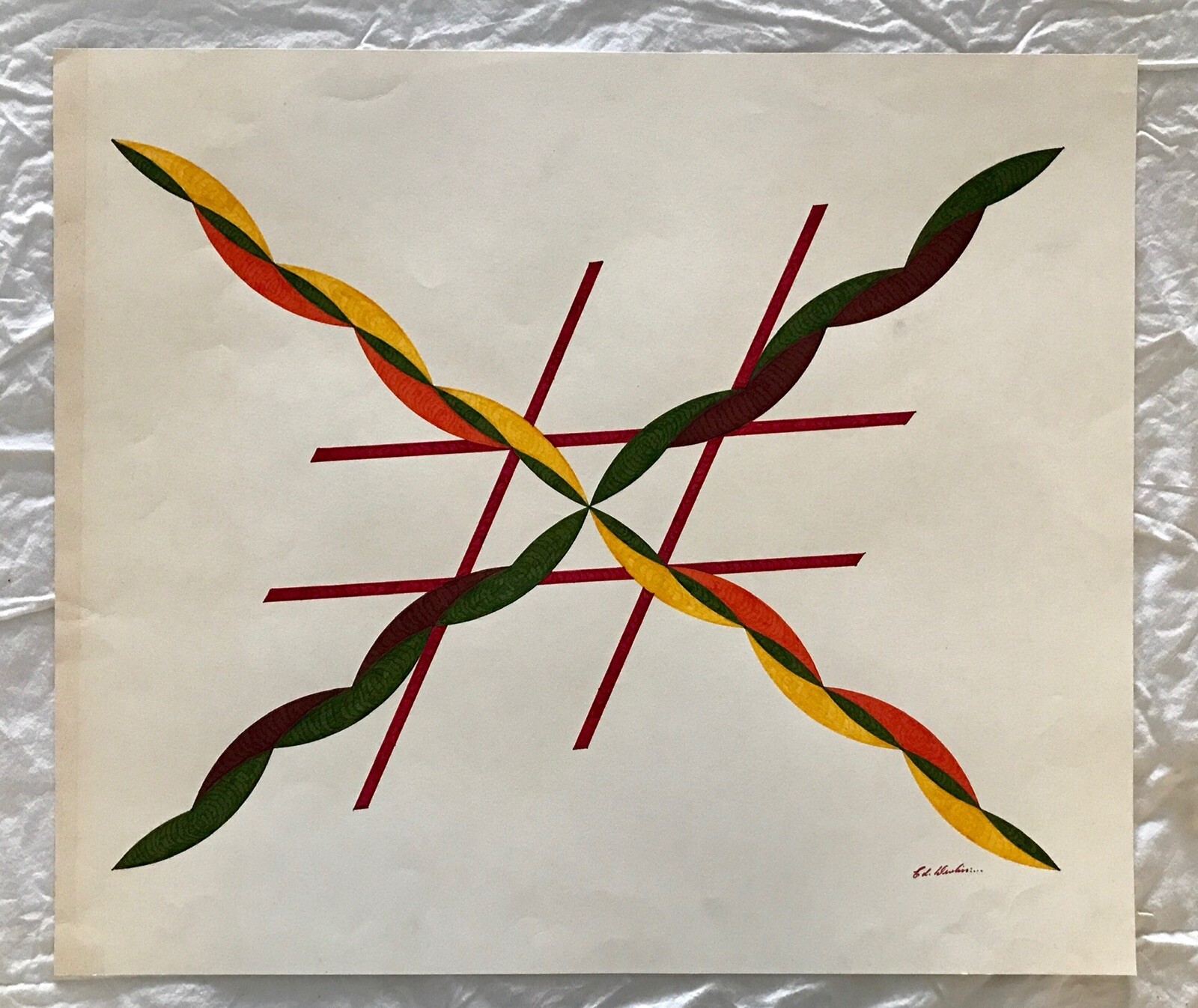 VINTAGE EDWARD DEVLIN COLOR ABSTRACT GEOMETRIC ART DRAWING PRINT HAND ...