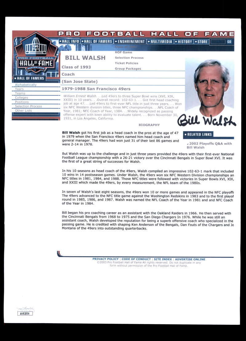Bill Walsh Hall Of Fame
