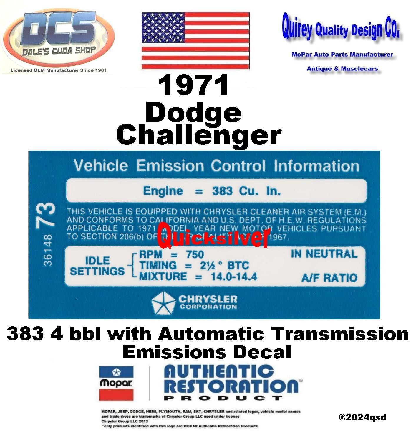 1971 Dodge Challenger 383 4bbl Automatic Transmission Emissions Decal ...