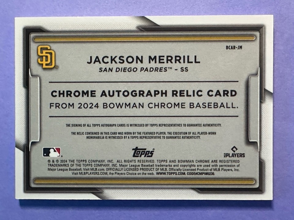 2024 BOWMAN CHROME JACKSON MERRILL ROOKIE RC /150 AUTO RELIC PATCH ...