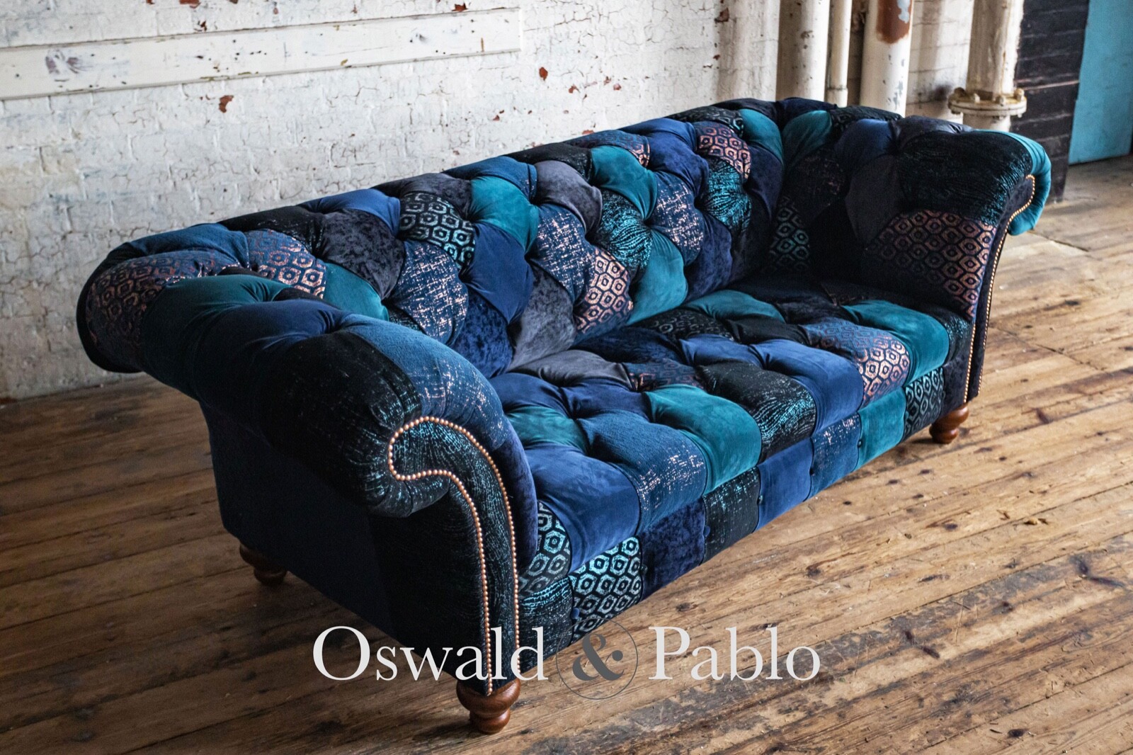 HANDMADE UNIQUE 3 SEATER NAVY BLUE VELVET FABRIC PATCHWORK CHESTERFIELD ...