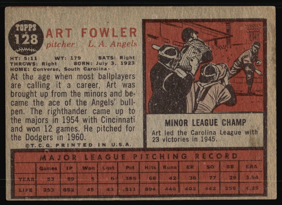 1962 Topps Art Fowler #128 Los Angeles Angels | eBay