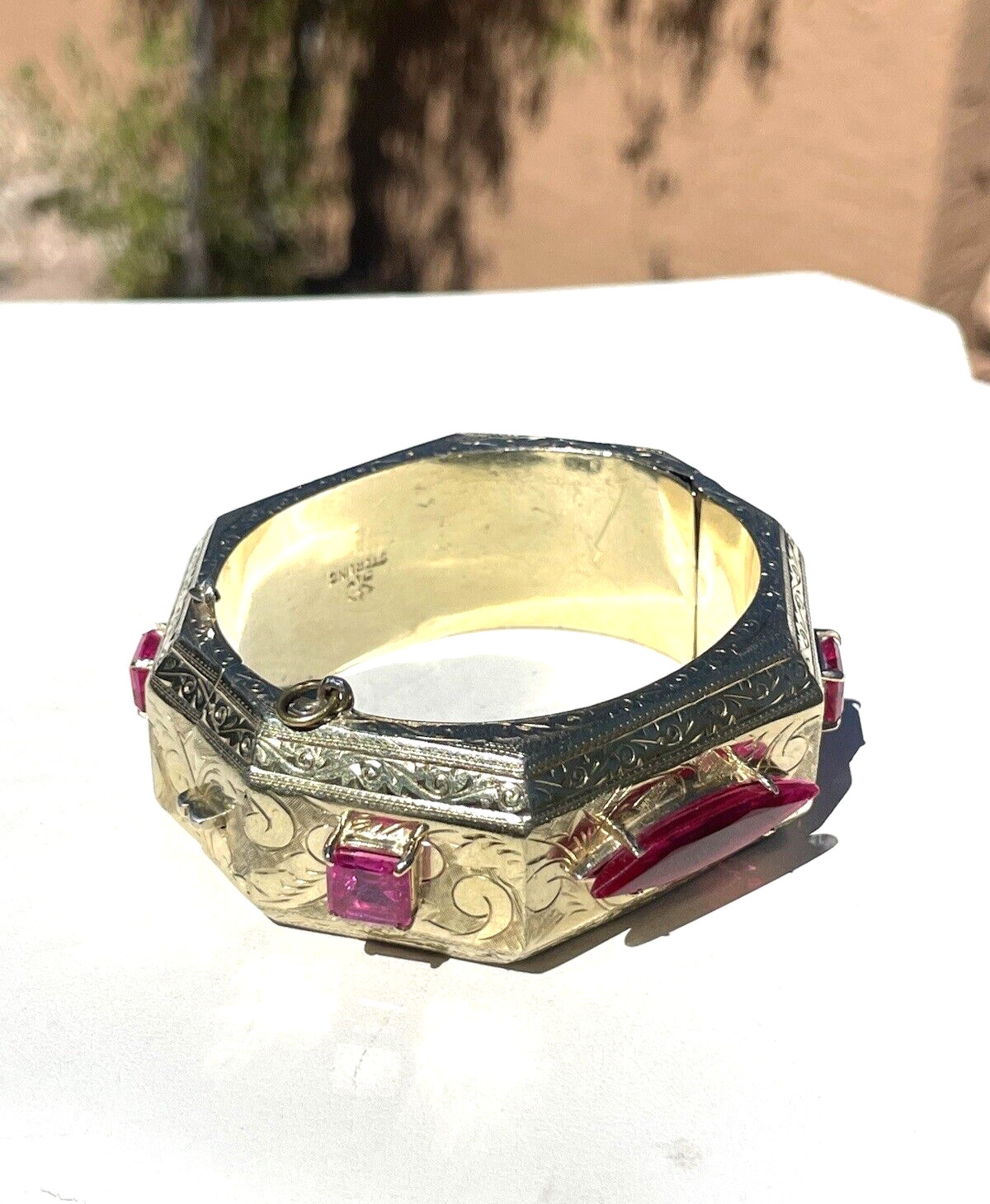 Vintage Huge Hinge Bangle Bracelet~ Siam Sterling w/G… - Gem