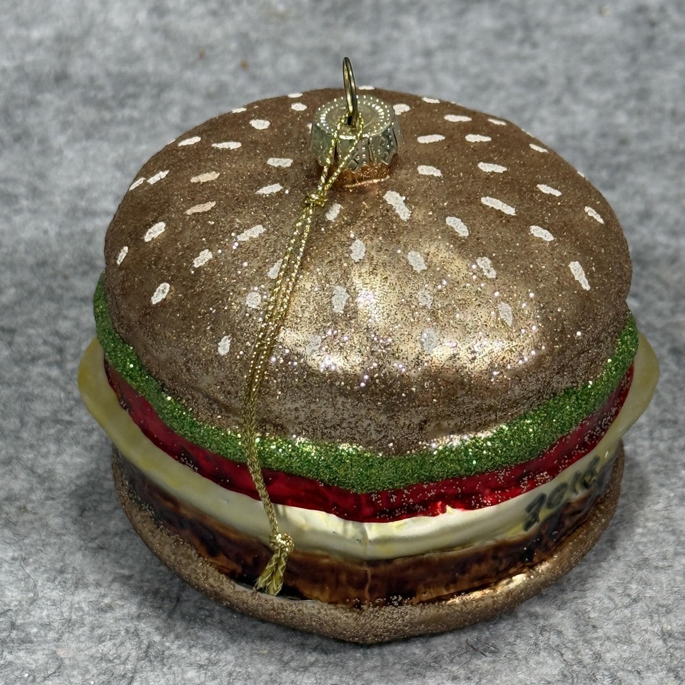 Glass Hamburger Christmas Ornament Gold Glitter Bauble Unmarked Small ...