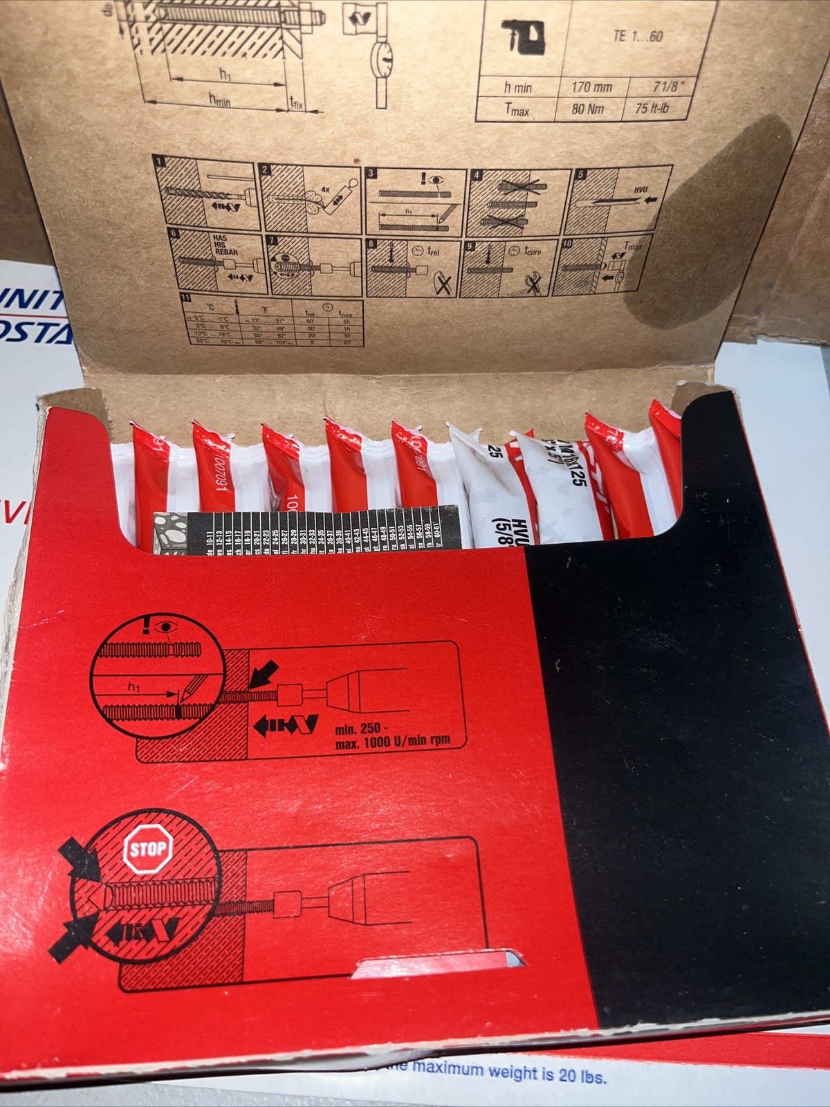 HILTI HVU M16 (5/8" ") PK/10 ADHESIVE CAPSULES #256694 "Tested" for ...