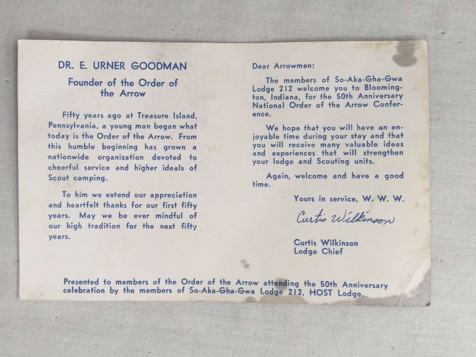 1965 So-Aka-Gha-Gwa OA Lodge 212 Lodge 50th ann Invitation card BSA ...