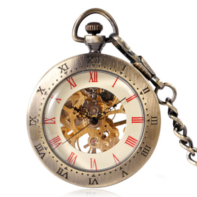 Antique Style Open Face Skeleton Mechanical Pocket Watch with Chain ...