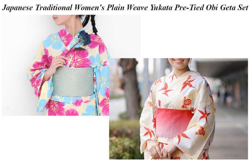 Japanese Traditional Women's Plain Weave Yukata Pre-Tied Obi Geta Set ...