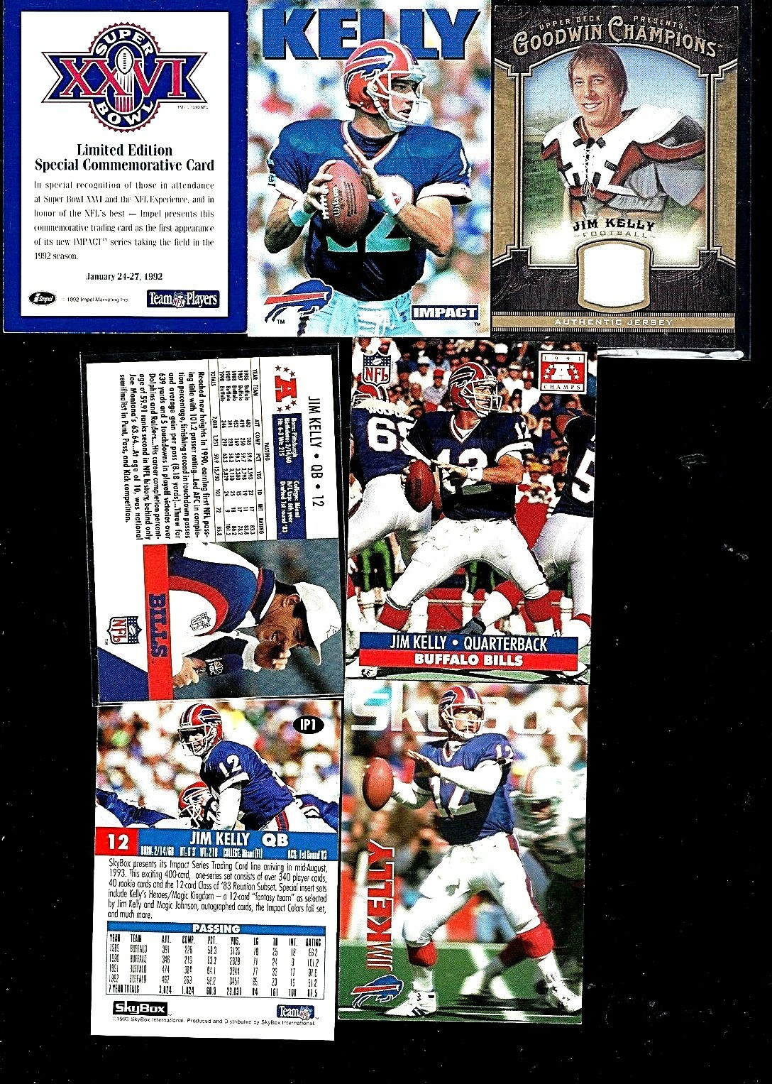 JIM KELLY JERSEY CARD LOT + 2 PROMO SUPER BOWL + PRO SET ERROR SUPER ...