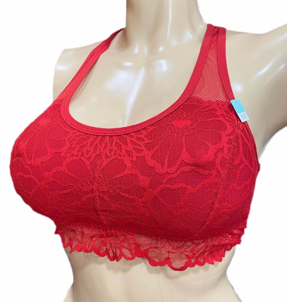 VICTORIAS SECRET PINK Lace Racerback Unlined Bralette Bra Ruby Red ...