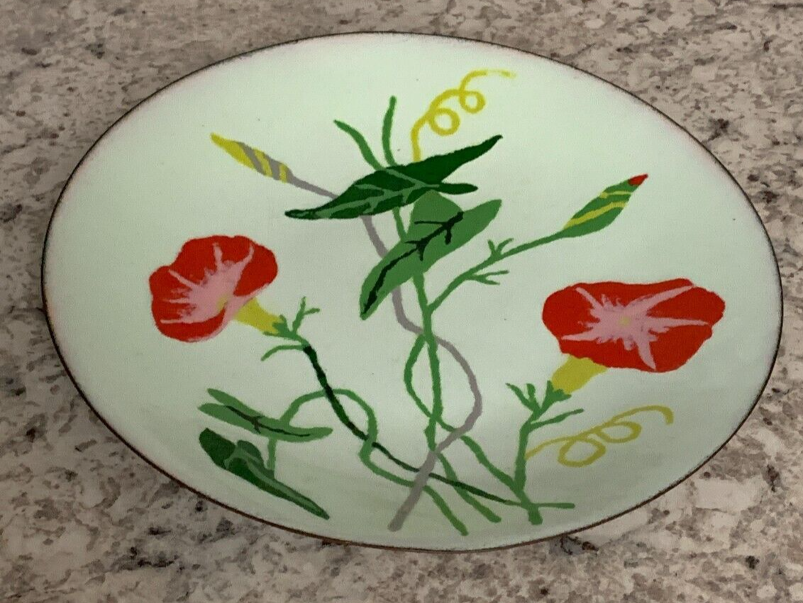 MID CENTURY MODERN Cloisonne Hand Painted Flowers 9 3/4 ENAMEL Copper ...