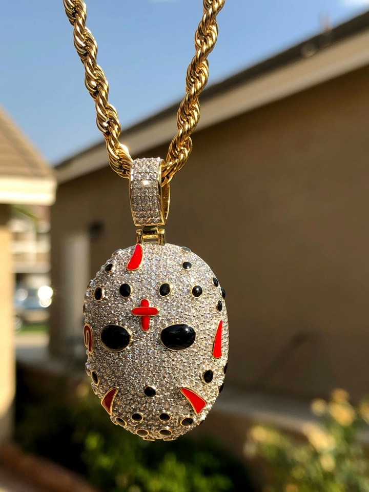 Men's Italy 925 Sterling Silver Gold Slaughter Gang Mask Iced icy ...