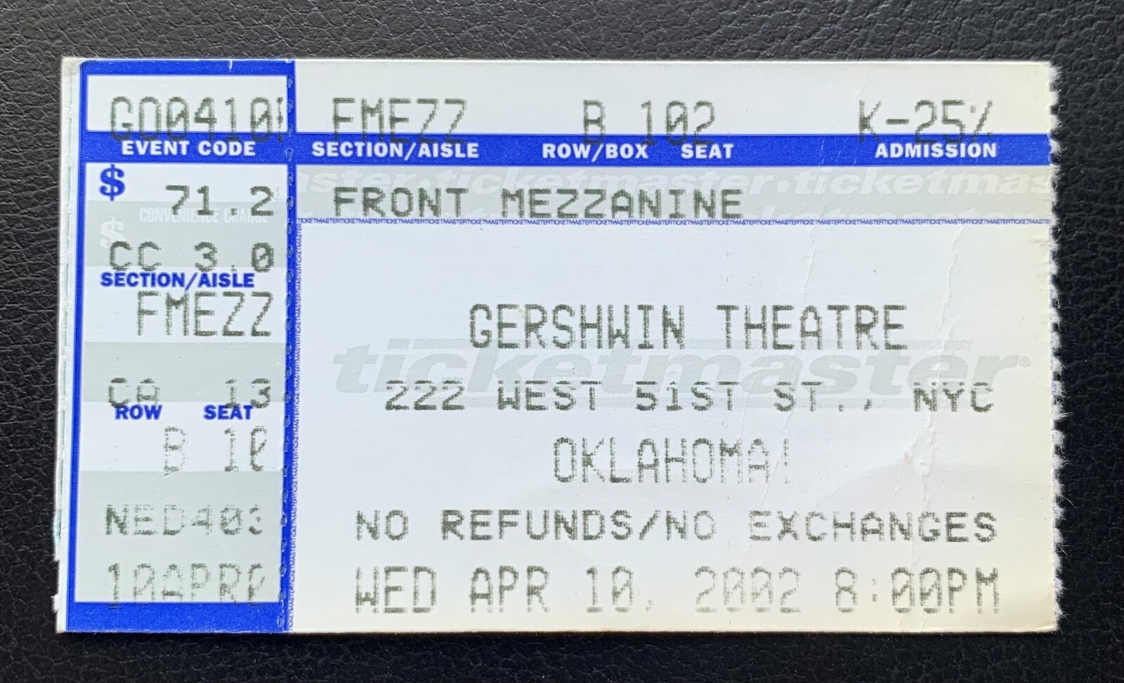 2002 OKLAHOMA GERSHWIN THEATRE NEW YORK CITY BROADWAY MUSICAL TICKET ...
