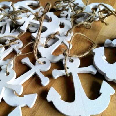 20 x kleine Holz Weiß Anker Anchor Maritime Schnur Holzanker sortiert ...