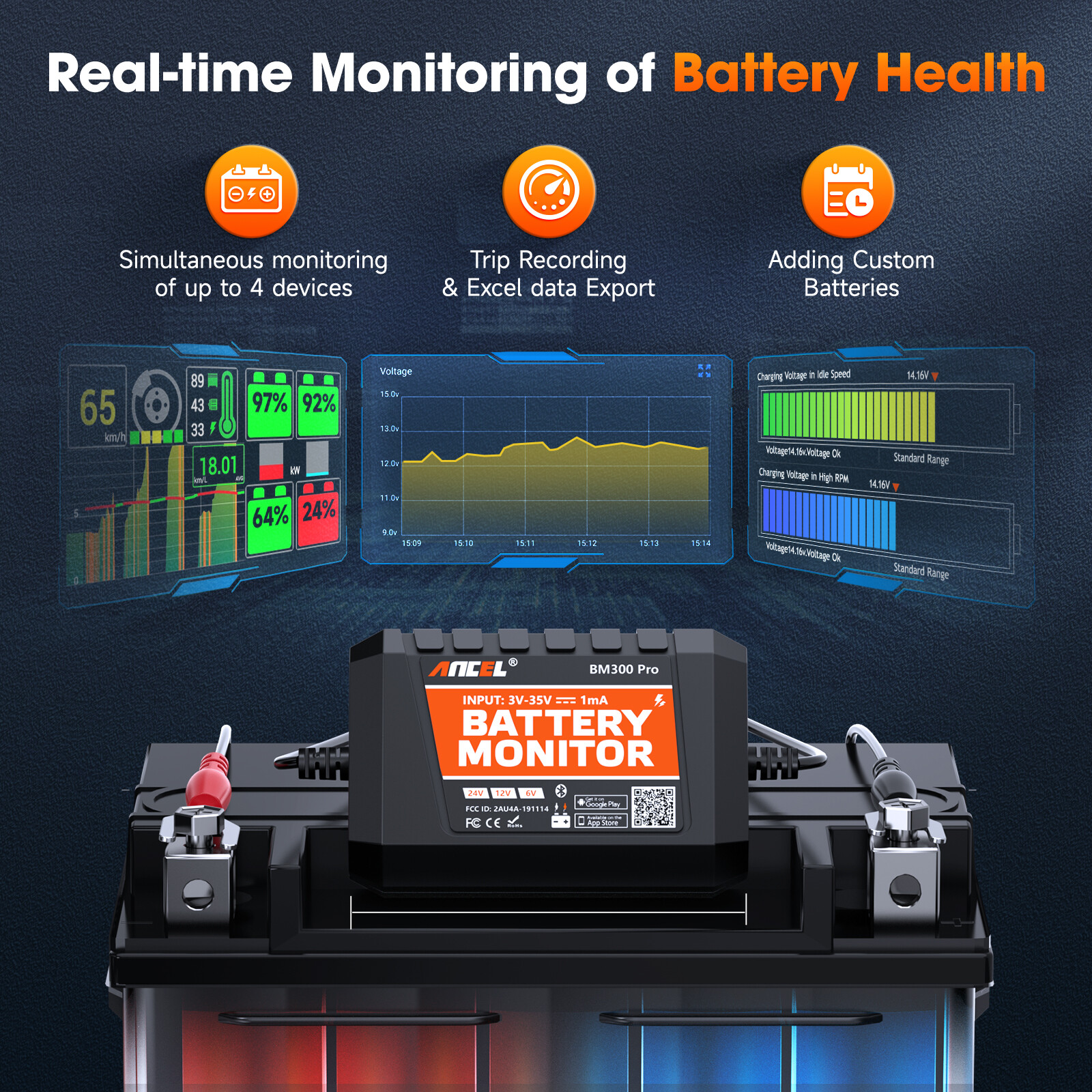 ANCEL BM300 Pro Bluetooth Car Battery Monitor Charging Cranking Test ...