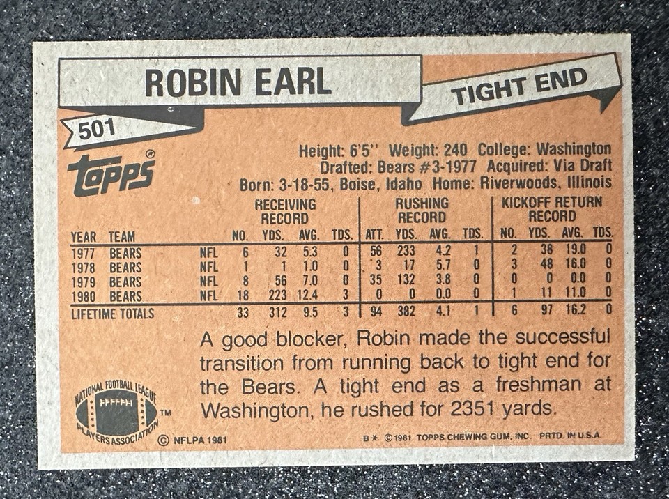 1981 Topps Robin Earl #501 Chicago Bears | eBay