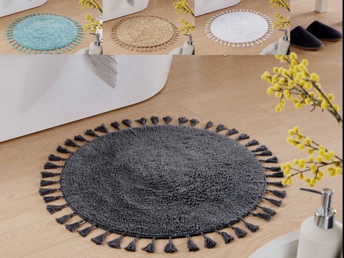 Round Bath Mat Non Slip 100% Cotton Soft Circle Tassels Bathroom Shower ...
