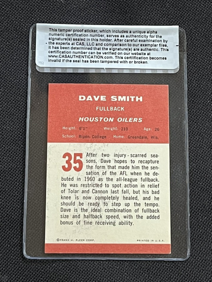 DAVE SMITH 1963 FLEER SIGNED AUTOGRAPHED CARD #35 OILERS CAS AUTHENTIC ...
