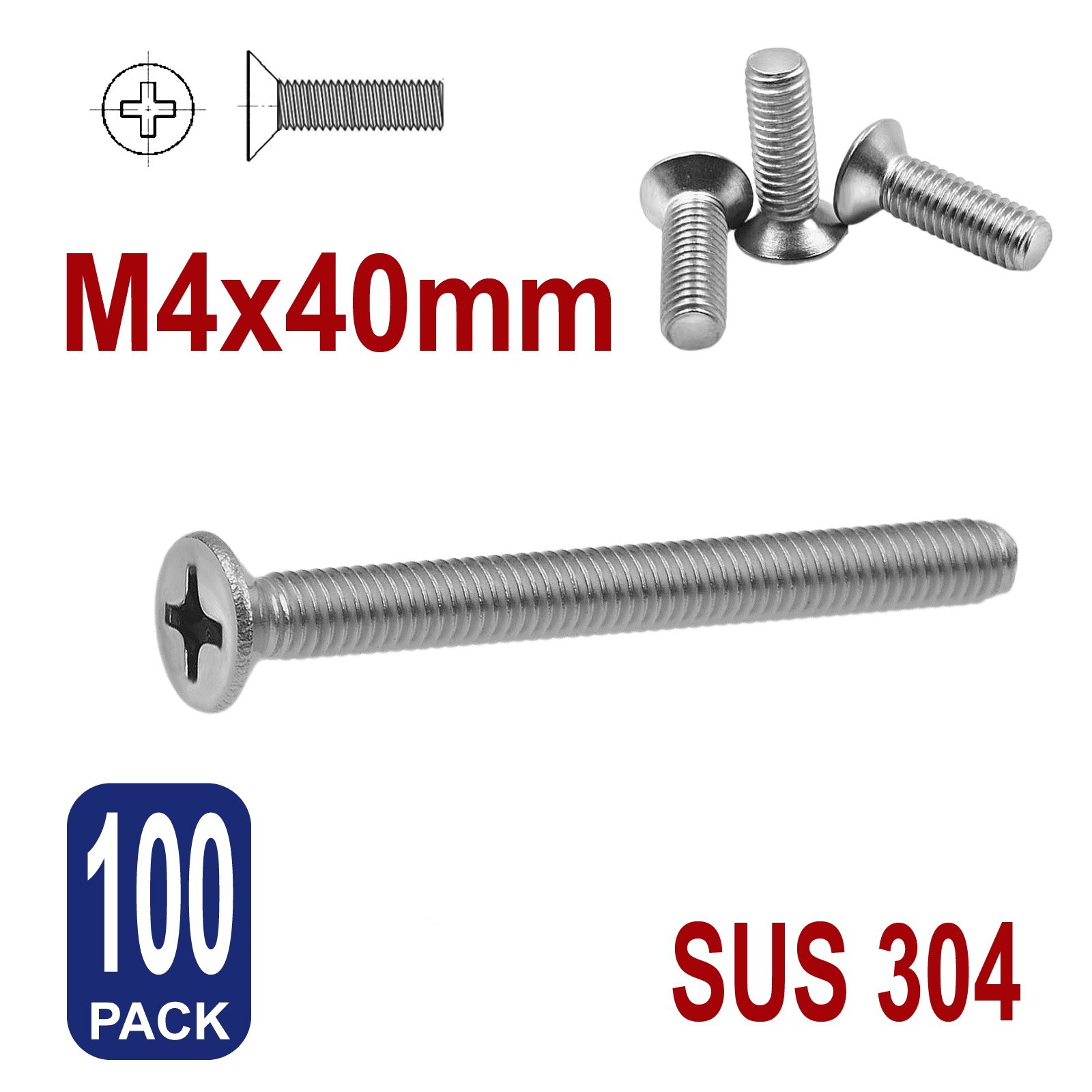 M4 x 40 mm Phillips Flat Countersunk Head Screws Bolt Stainless 304 ...