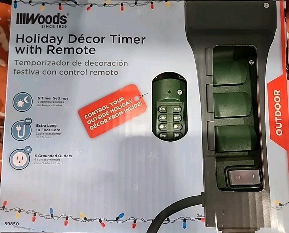 Woods 59850 Holiday Decor Timer Yard Stake & Remote, 10ft, 6 Grounded Outlets | eBay