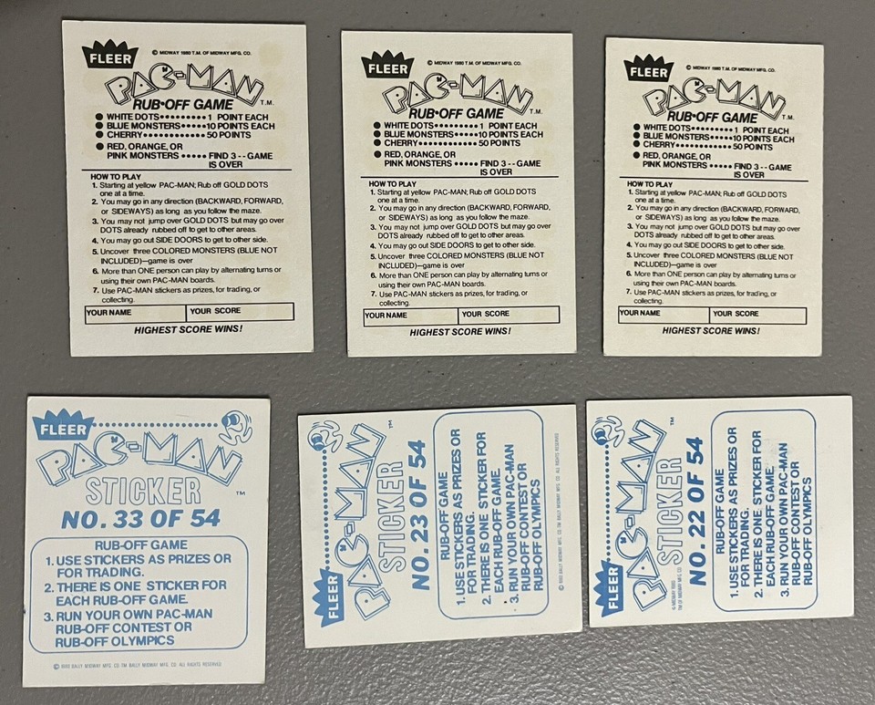 1980 Fleer PAC-MAN Sticker And Unused Rub Off Game Card Lot (6) Lot #1 ...