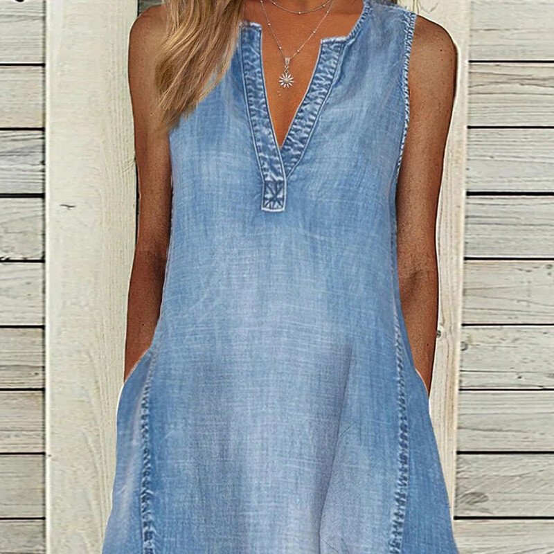 Women V-Neck Sleeveless Denim Jeans Tank Dress Ladies Casual Loose Midi ...