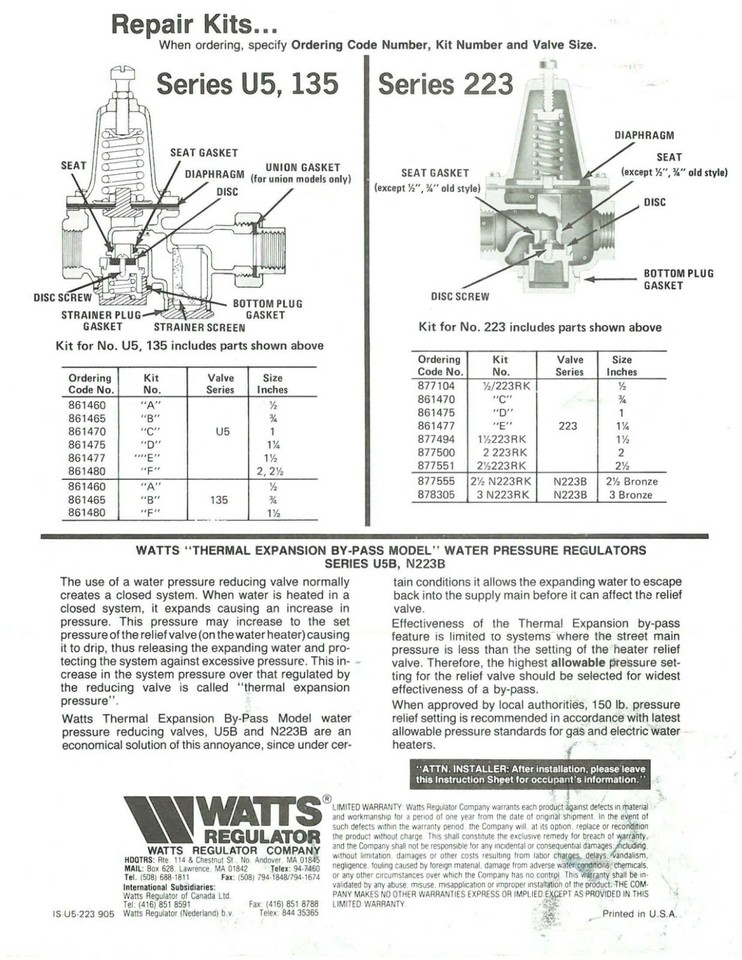 Watts Regulator Co.- 1 " U5B Water Reducing Valve w/ Strainer - See ...
