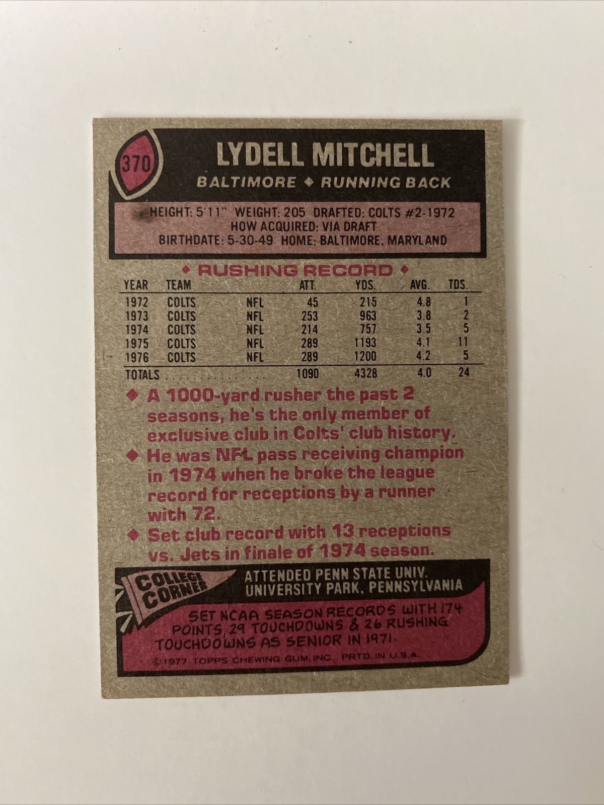 1977 Topps Football Lydell Mitchell Baltimore Colts Card #370 | eBay