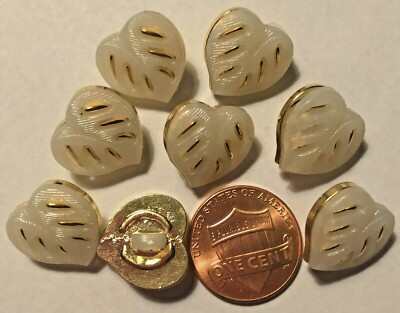 8 Gold Tone Plastic & Cream Plastic Shank Heart Buttons Almost 5/8" 15 ...
