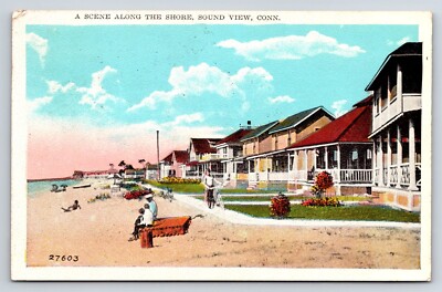 Postcard A Scene Along The Shore, Sound View, CT Beach Ocean Waterfront ...
