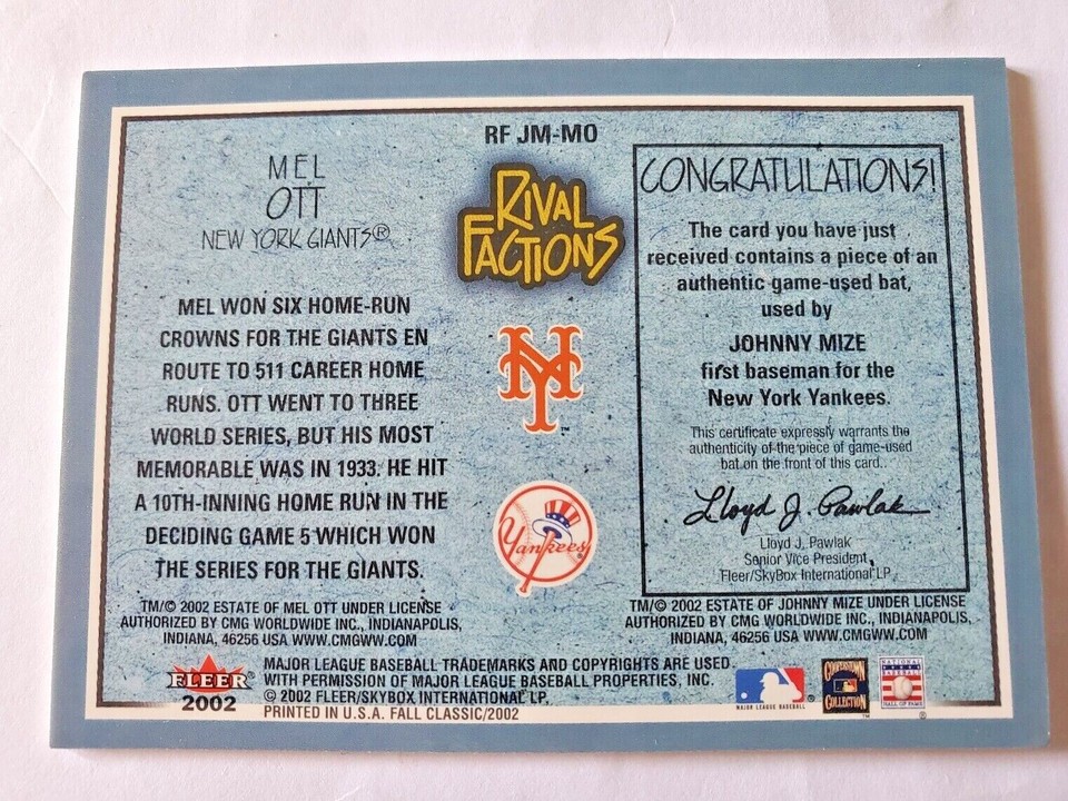 MELL OTT & JOHNNY MIZE 2002 FLEER FALL CLASSICS GAME USED BAT (MIZE) | eBay