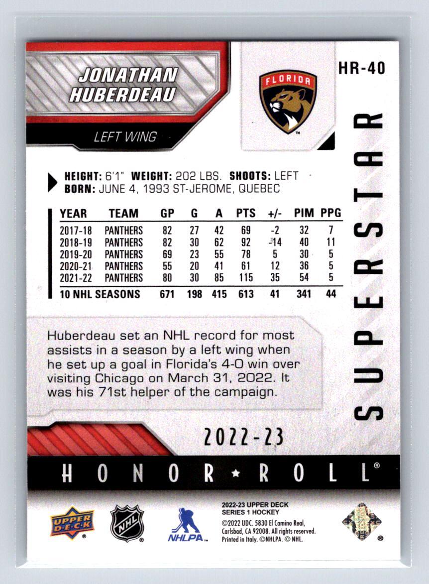 2022-23 Upper Deck #HR-40 Jonathan Huberdeau -Honor Roll-Florida ...