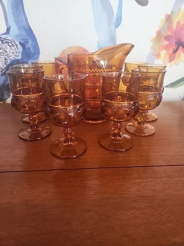 Vintage King's Crown-Amber Drink Pitcher 52 oz with 8 matching glasses ...