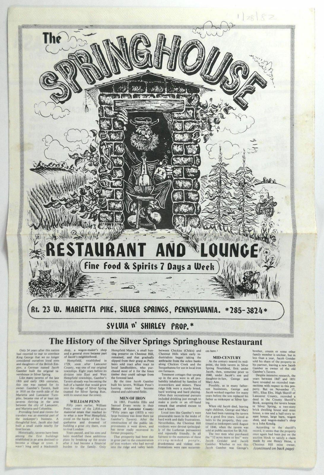 1982 Original Large Menu THE SPRINGHOUSE Restaurant Silver Springs ...
