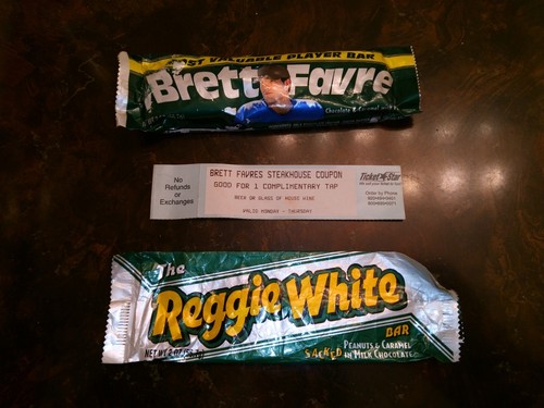 Green Bay Packers Brett Favre & Reggie White candy bar wrapper & coupon ...