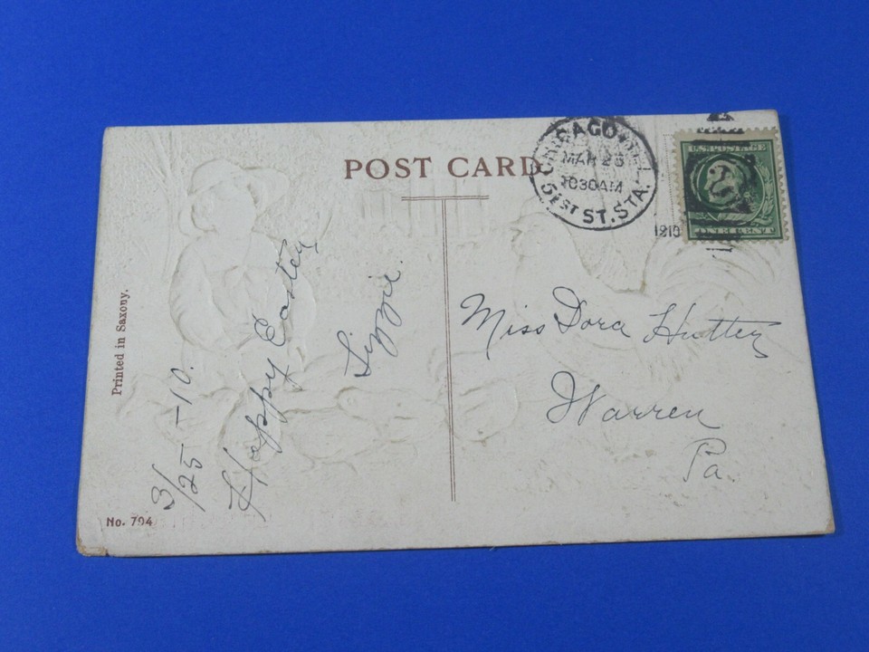 EASTER POSTCARD PRETTY GIRL ROOSTERS 1910 CHICAGO 51ST ST. STATION ...