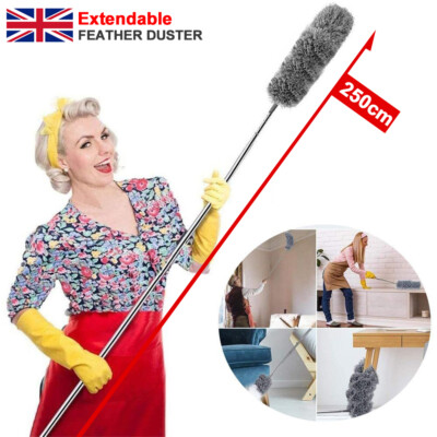 🔥250cm Extendable Feather Duster Telescopic Magic Dust Brush Long Reach ...